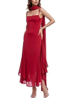 Badgley Mischka Asymmetric Chiffon Slipdress With Scarf - Red