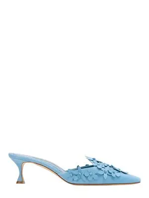 Manolo Blahnik Harnes Flower Suede Kitten-heel Mules - Blue