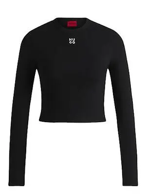 Hugo Logo-embroidered Long-sleeve Cotton-blend Top - Black