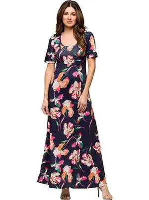 24SEVEN COMFORT APPAREL Floral Print Elbow Sleeve Maternity Maxi Dress - Blue Multi