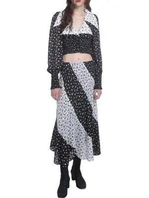Anna Sui Ditsy Dot Chiffon Contrast Flowy Skirt - Black/white Multi