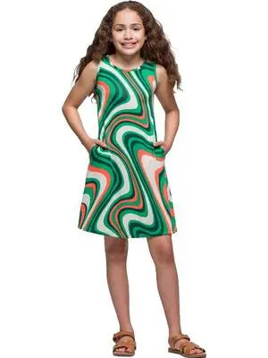 24SEVENKID Printed Sleeveless Pockets Dress - Green Multi