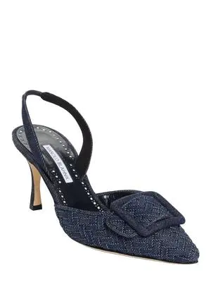 Manolo Blahnik Maysli Pointed Toe Slingback Pump Dark Blue Chambray