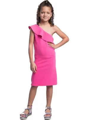 24SEVENKID One Shoulder Ruffle Knee Length Dress - Pink