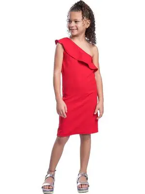 24SEVENKID One Shoulder Ruffle Knee Length Dress - Red