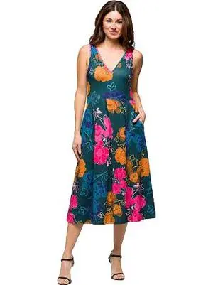 24SEVEN COMFORT APPAREL Maternity Midi Dress With Floral Print And Pleated Skirt - Blue Multi