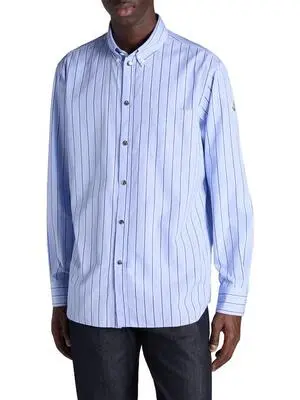 Moncler Logo Patch Stripe Cotton Poplin Button-down Shirt - Light Blue