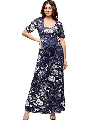 24SEVEN COMFORT APPAREL Maternity Floral Print A-line Maxi Dress - Blue Multi