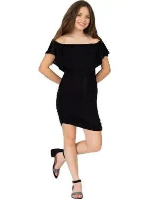 24SEVENKID Off-the-shoulder Rouched Party Dress - Black
