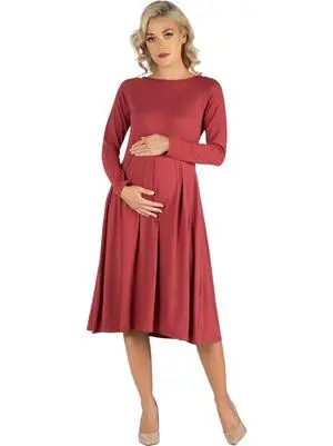24SEVEN COMFORT APPAREL Maternity Midi Length Fit And Flare Dress - Brick