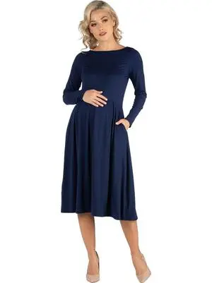 24SEVEN COMFORT APPAREL Maternity Midi Length Fit And Flare Dress - Navy