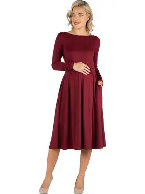 24SEVEN COMFORT APPAREL Maternity Midi Length Fit And Flare Dress - Wine