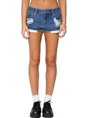EDIKTED Low Rise Denim Cutoff Shorts - Blue-washed