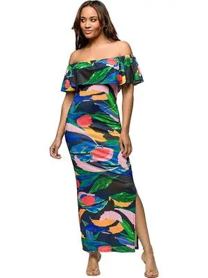 24SEVEN COMFORT APPAREL Maternity Off Shoulder Maxi Dress - Blue Multi