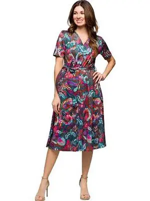 24SEVEN COMFORT APPAREL Maternity Midi Dress With Tie Waist - Brown Multi