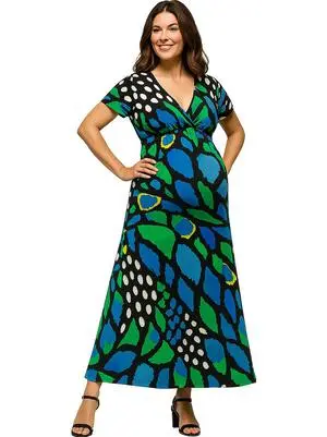 24SEVEN COMFORT APPAREL Maternity Butterfly Print Maxi Dress - Blue Multi