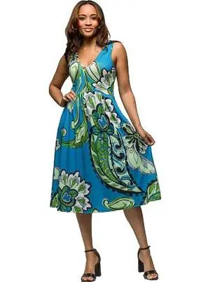 24SEVEN COMFORT APPAREL Maternity Paisley Print Pleated Midi Dress - Blue Multi