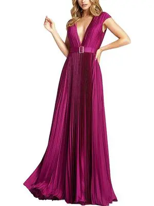 Mac Duggal Pleated Plunge Neck Belted Satin Gown Raspberry