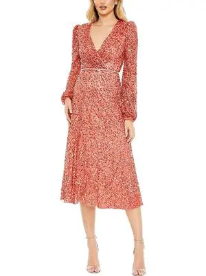 Mac Duggal A-line Wrap Dress With Puff Sleeves - Coral
