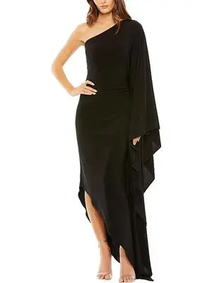 Mac Duggal One-shoulder Ruched Jersey Gown With Cape Sleeve - Black