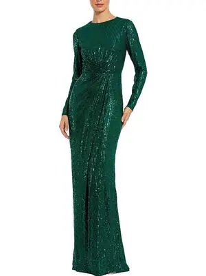 Mac Duggal Sequined Long Sleeve Side Knot Gown - Emerald