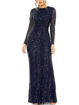 Mac Duggal Sequined Long Sleeve Side Knot Gown - Midnight