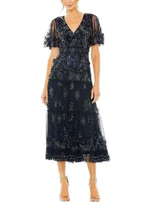 Mac Duggal Floral Embellished Flutter Sleeve Tiered Dress - Midnight