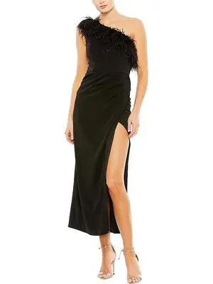 Mac Duggal Asymmetric Draped Evening Dress With Feather Detail - Black