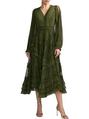 Mac Duggal Mesh Midi Dress - Olive
