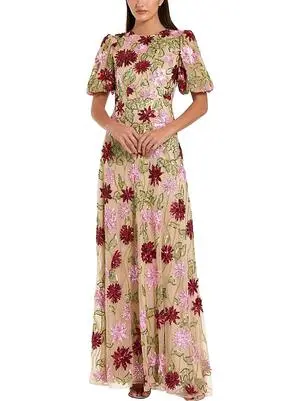 Mac Duggal Floral Embroidered Mesh Gown With Statement Sleeves - Nude Multi