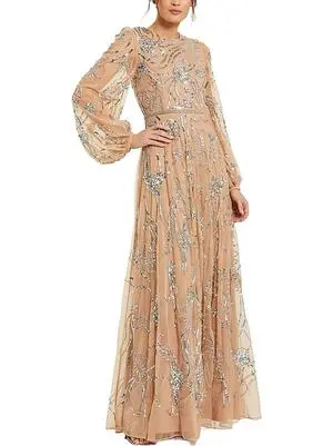 Mac Duggal Embellished High Neck Puff Sleeve Gown - Nude Silver