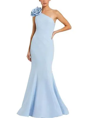 Mac Duggal Crepe One-shoulder Mermaid Gown With 3d Flower - Powder Blue