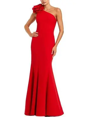 Mac Duggal Crepe One-shoulder Mermaid Gown With 3d Flower - Red