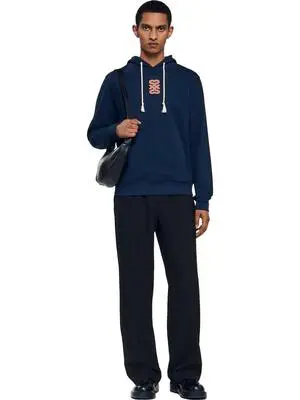 Sandro Oversized Fleece Sweatshirt With Leather Patch - Navy Blue