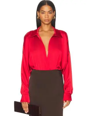 Norma Kamali Super Oversized Boyfriend Shirt Bodysuit Tiger Red