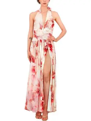 BABYLONE PARIS Halterneck Floral-print Maxi Dress - Red