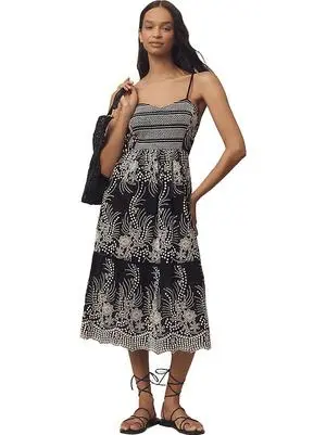 Anthropologie Sleeveless Sweetheart Tiered Midi Dress - Black Pattern