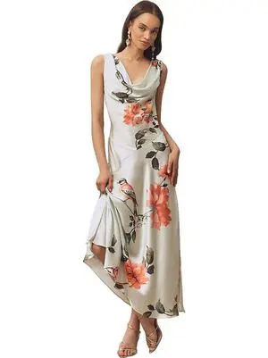 Bhldn Cowl-neck Open-back Floral Drop-waist Midi Dress - Green