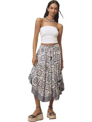 Farm Rio Curved-hem Printed Midi Skirt - Blue Pattern