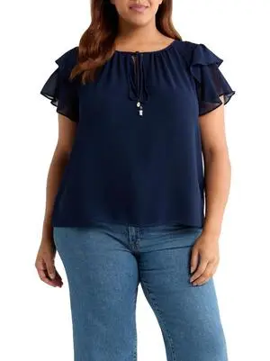CECE DUPRAZ Ruffle Sleeve Tie Neck Top - Classic Navy