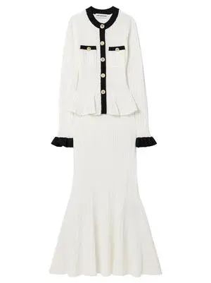 SELF-PORTRAIT Pointelle-knit Peplum Midi Dress - White