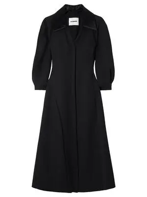 JIL SANDER Asymmetric Satin-trimmed Wool-twill Midi Shirt Dress - Black