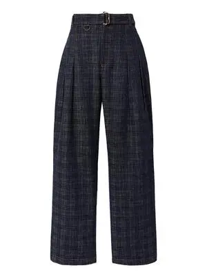 Burberry Belted Pleated Cotton-tweed Wide-leg Trousers - Blue