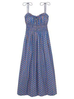 DÔEN Rhoda Shirred Paisley-print Organic Cotton-poplin Midi Dress - Blue
