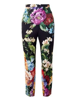 Dolce & Gabbana Floral-print Silk-blend Charmeuse Skinny Pants - Black