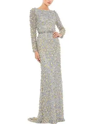 Mac Duggal Embellished Long Sleeve High Neck Gown - Platinum Gold