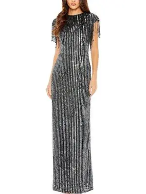 Mac Duggal Embellished Fringe Gown - Black