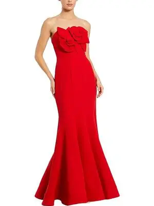 Mac Duggal Crepe Strapless Mermaid Gown With 3d Flowers - Red