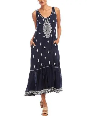 Karen Kane Embroidered Midi Dress - Navy/ Cream