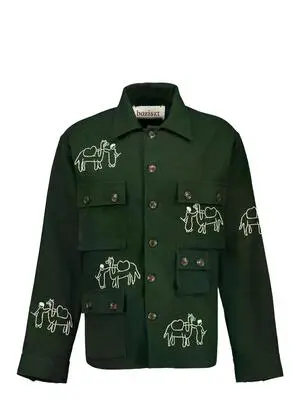 BAZISZT Camel-embroidered Multi-pocket Shirt - Green